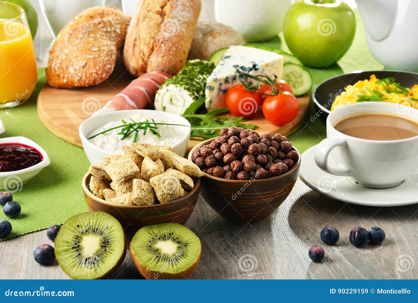 Breakfast Served with Coffee, Cheese, Cereals and Scrambled Eggs Stock ...