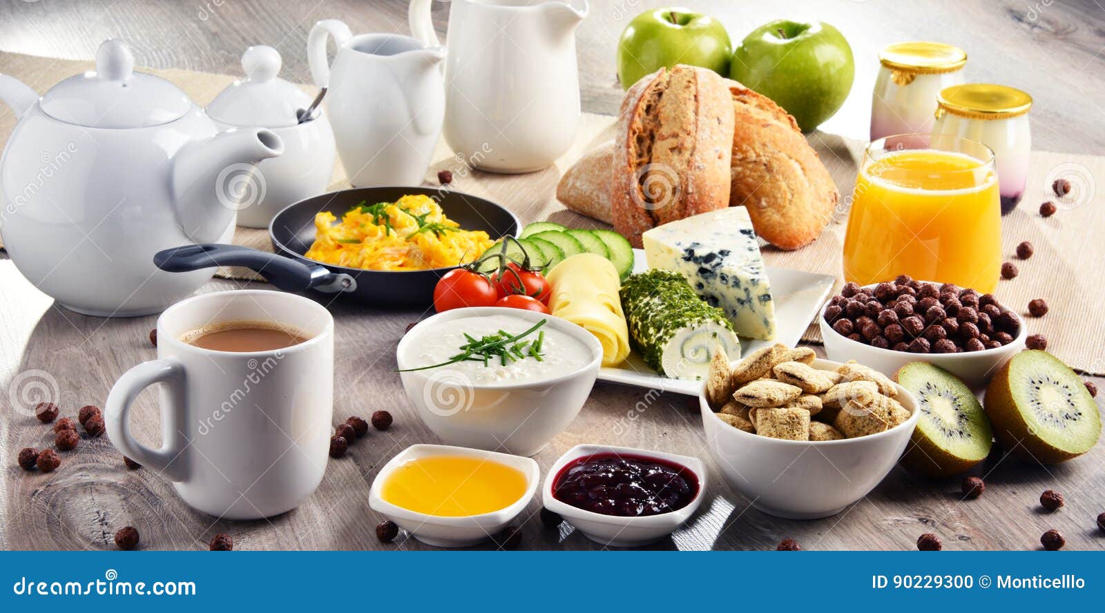 Breakfast Served with Coffee, Cheese, Cereals and Scrambled Eggs Stock ...