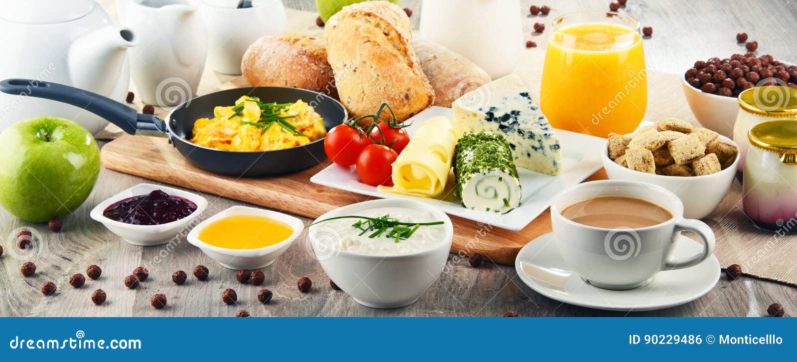 Breakfast Served with Coffee, Cheese, Cereals and Scrambled Eggs Stock ...