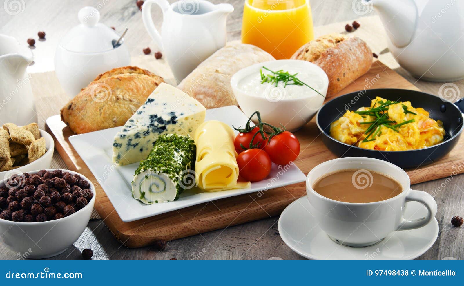 Breakfast Served with Coffee, Cheese, Cereals and Scrambled Eggs Stock ...