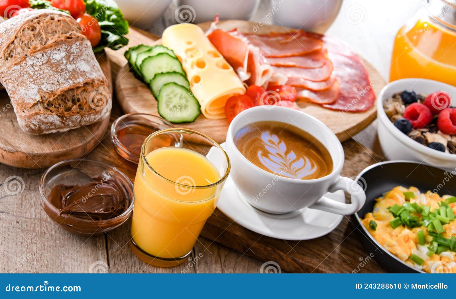 Breakfast Served with Coffee, Scrambled Eggs, Cereals and Ham Stock ...