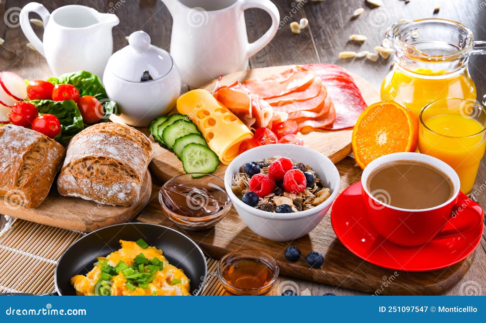 Breakfast Served with Coffee, Scrambled Eggs, Cereals and Ham Stock ...