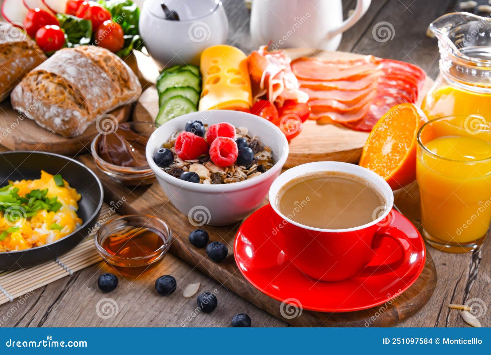 Breakfast Served with Coffee, Scrambled Eggs, Cereals and Ham Stock ...