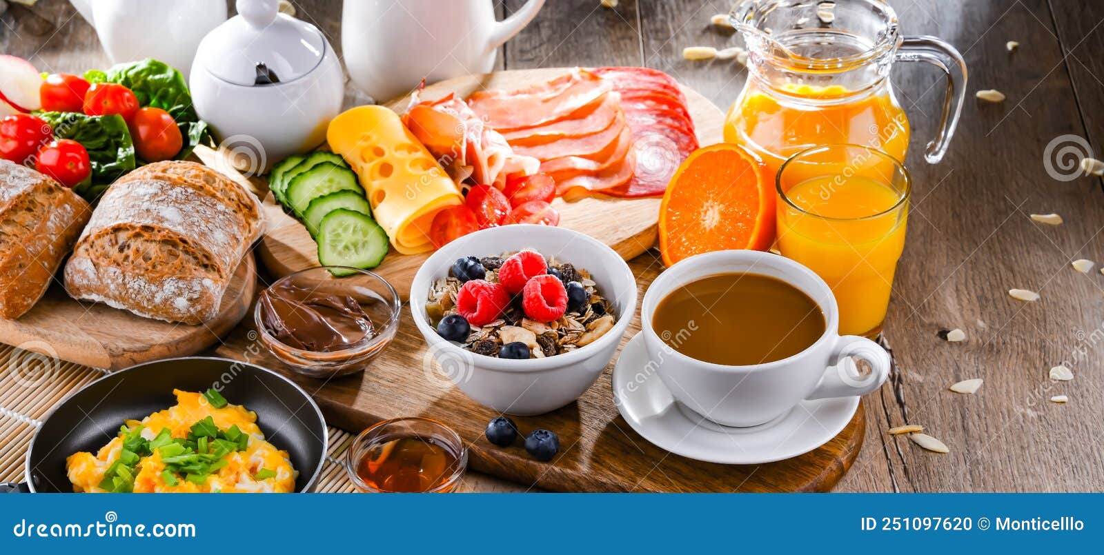 Breakfast Served with Coffee, Scrambled Eggs, Cereals and Ham Stock ...