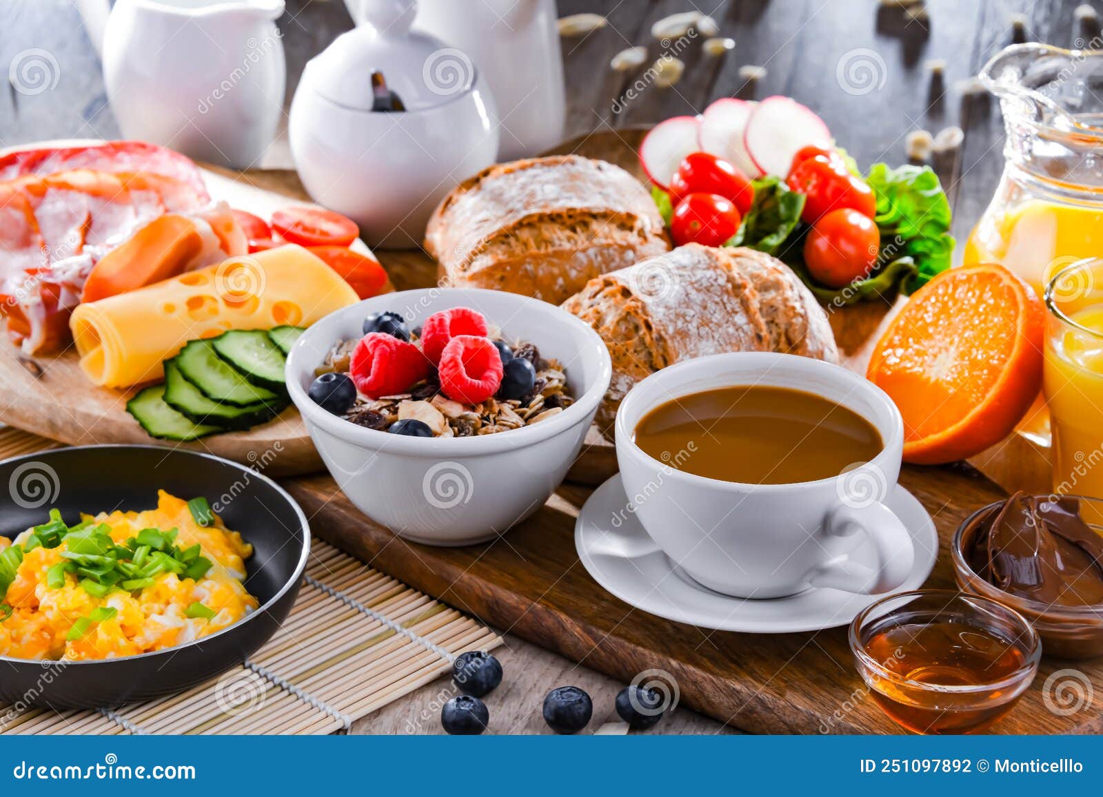 Breakfast Served with Coffee, Scrambled Eggs, Cereals and Ham Stock ...