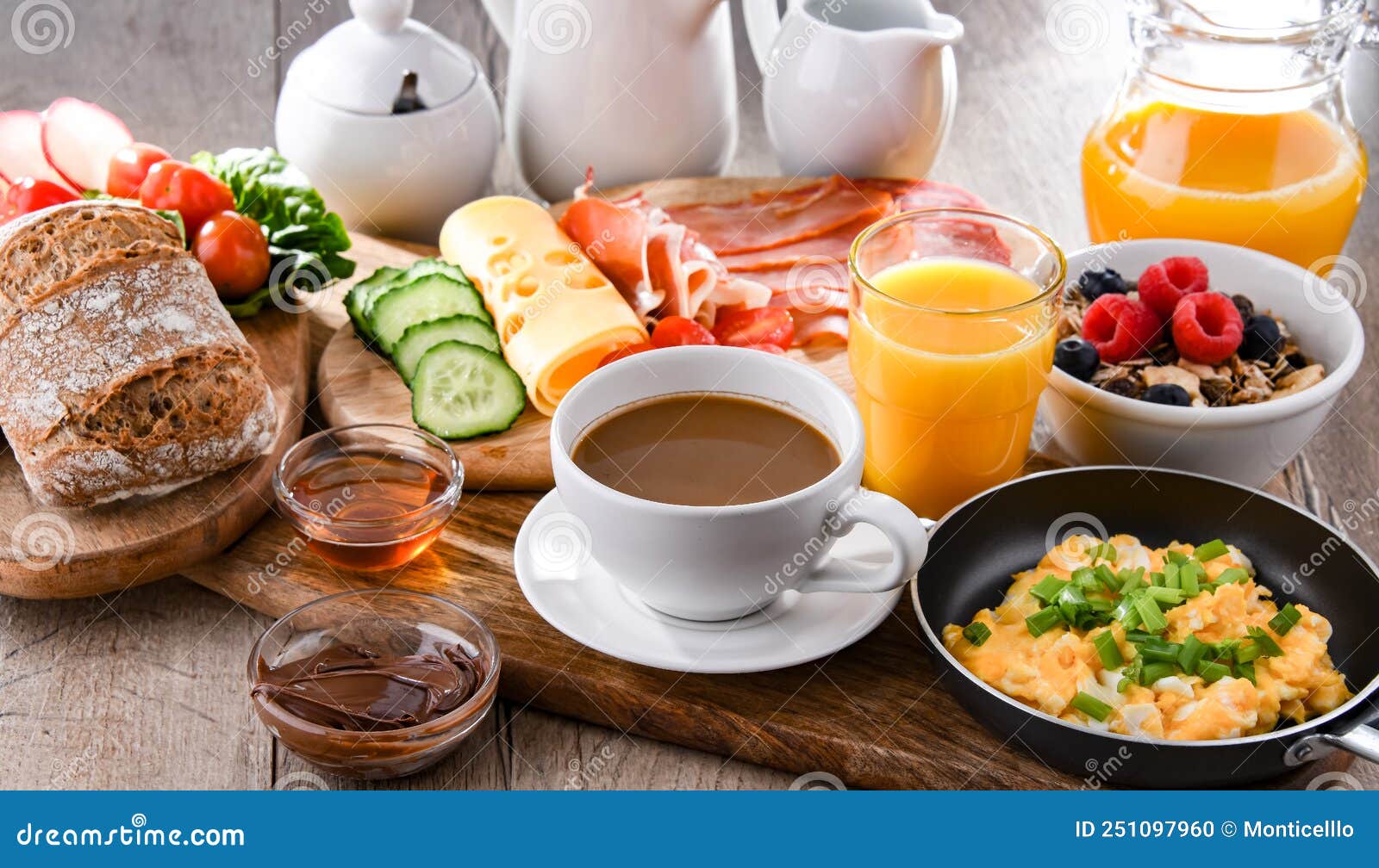 Breakfast Served with Coffee, Scrambled Eggs, Cereals and Ham Stock ...