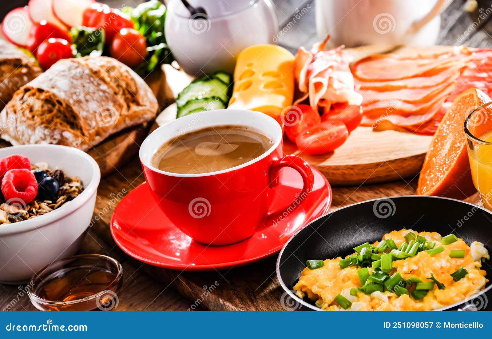 Breakfast Served with Coffee, Scrambled Eggs, Cereals and Ham Stock ...