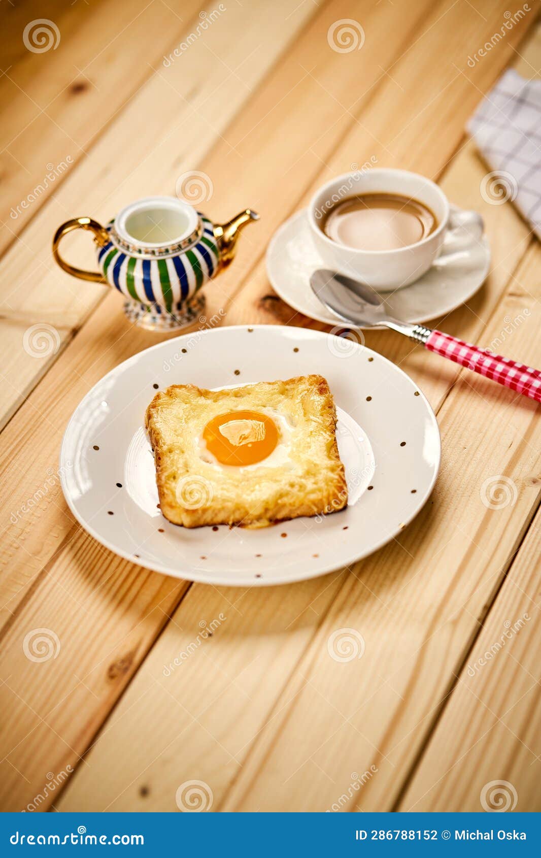 Breakfast Set with Coffee and Toast with Egg on Wooden Table Stock ...