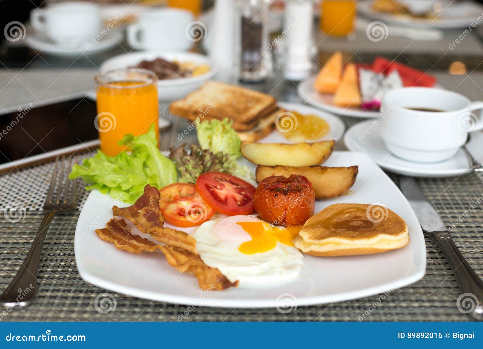 Breakfast Set on the Table with Pancakes, Bacon Stock Photo - Image of ...
