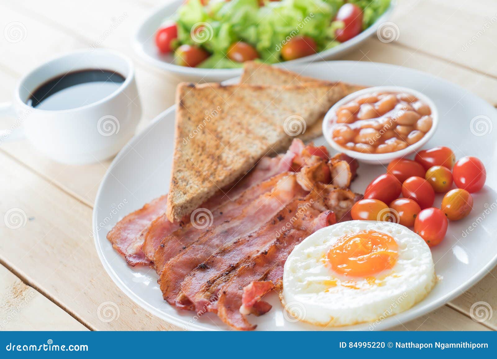 Breakfast set on wood stock photo. Image of english, salad - 84995220