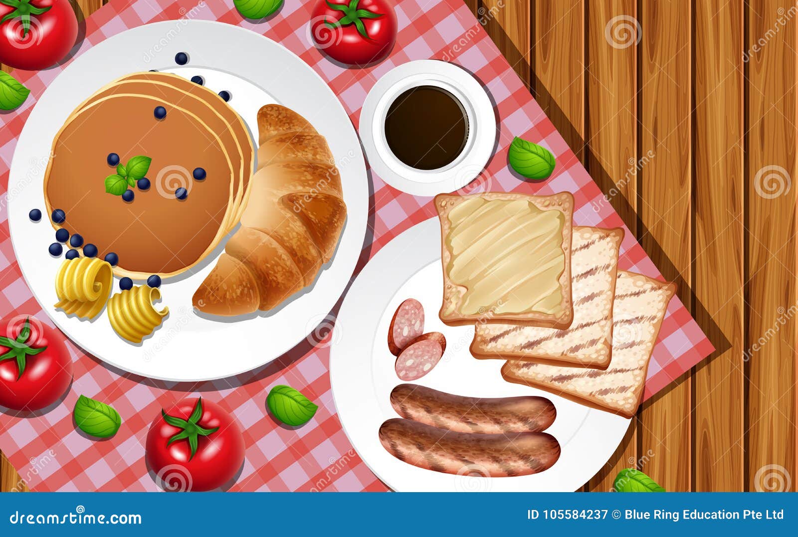 Breakfast Set on Wooden Table Stock Vector - Illustration of tomato ...
