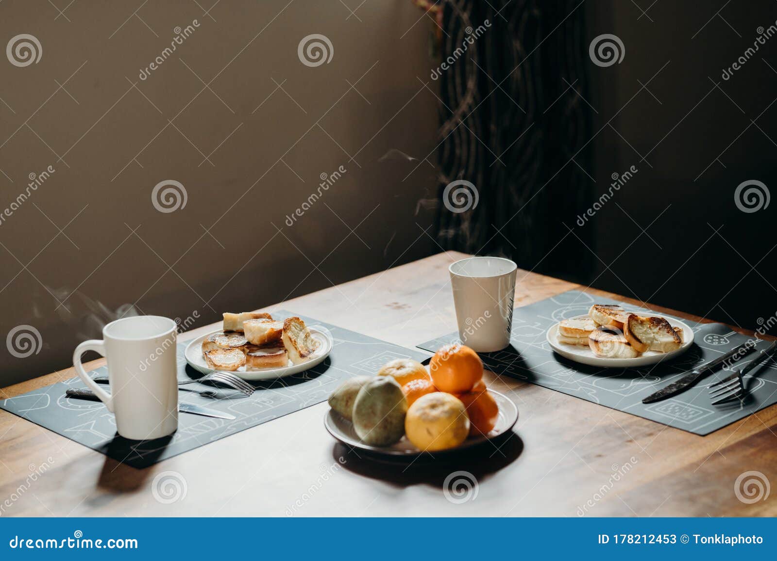 Breakfast Setting for Two People - Coffee, Tea, Breads and Fruits Stock ...