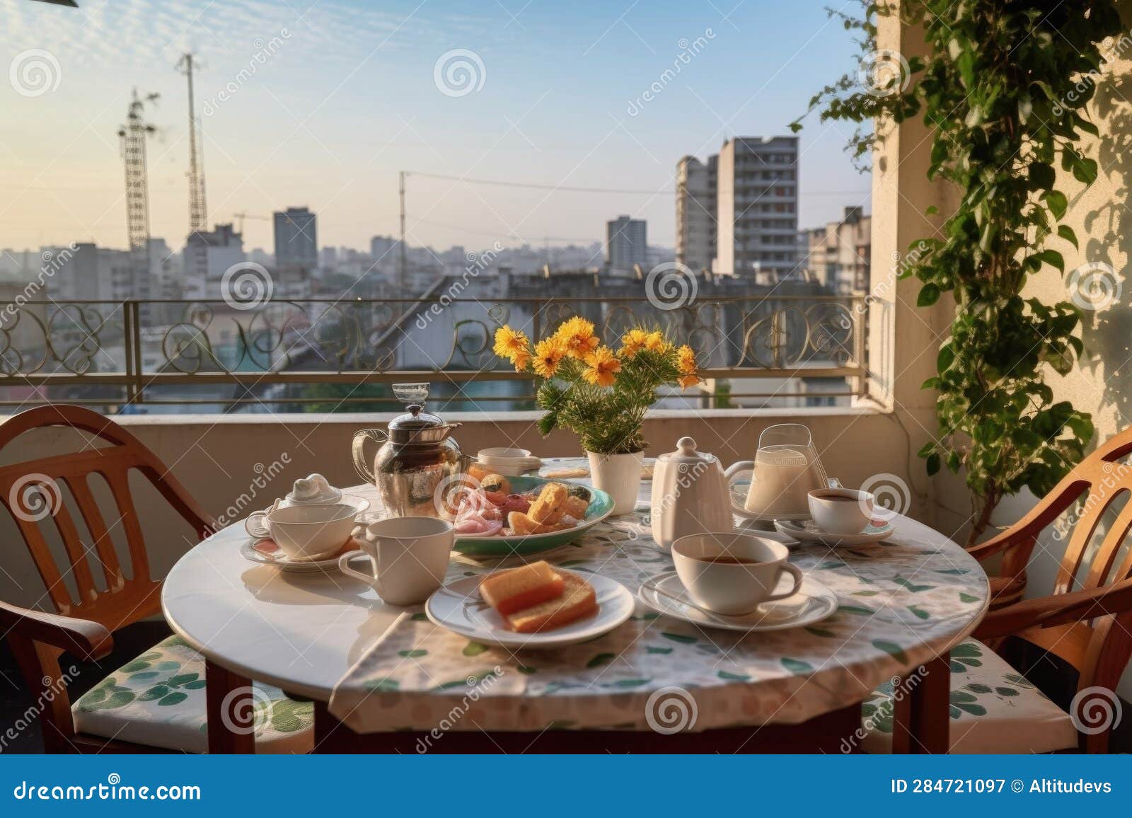Breakfast Setup on a Balcony with a View of the City Stock Image ...