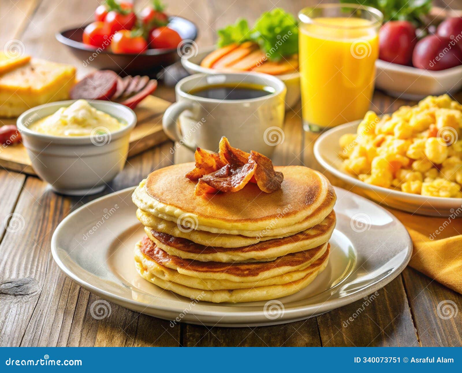 Breakfast Setup with Pancakes, Bacon, and Scrambled Eggs Stock ...