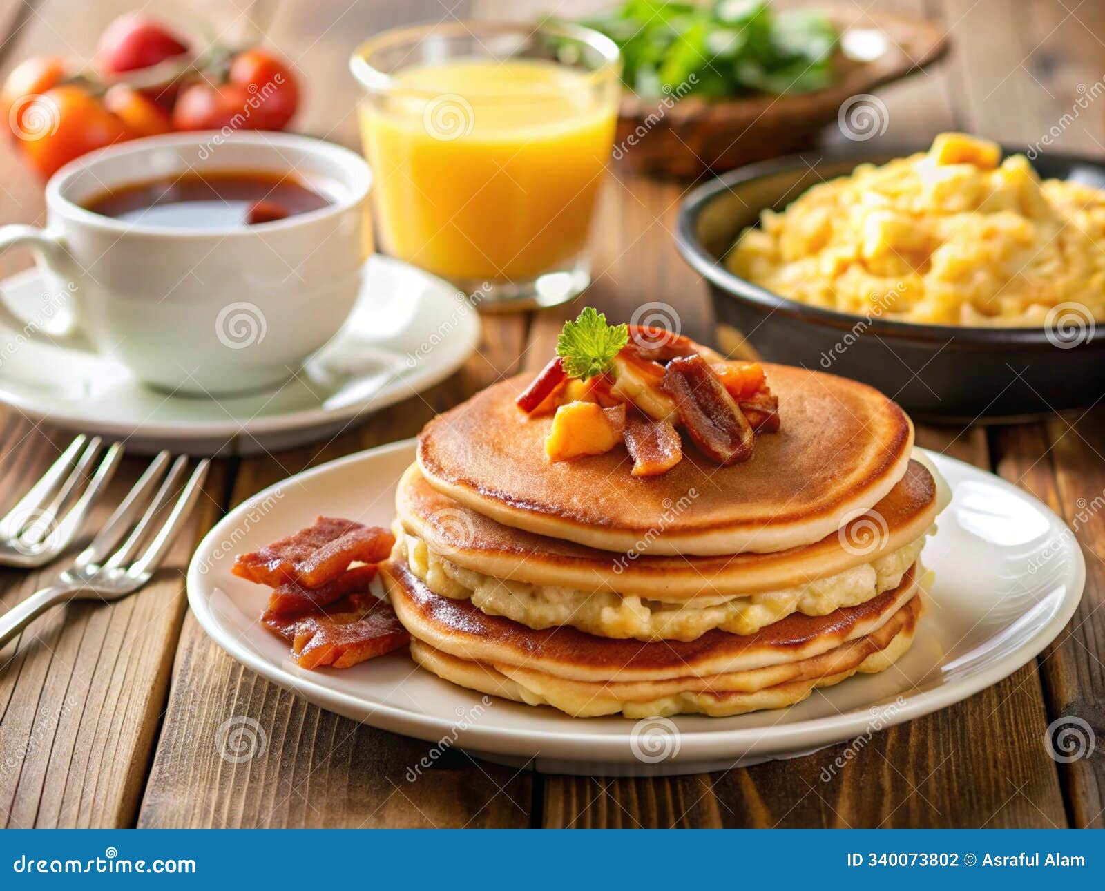 Breakfast Setup with Pancakes, Bacon, and Scrambled Eggs Stock ...