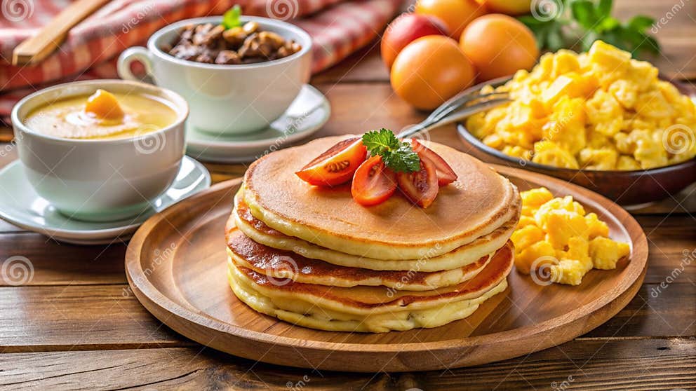 Breakfast Setup with Pancakes, Bacon, and Scrambled Eggs Stock ...