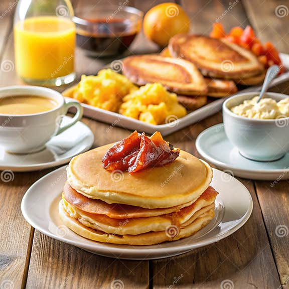 Breakfast Setup with Pancakes, Bacon, and Scrambled Eggs Stock ...