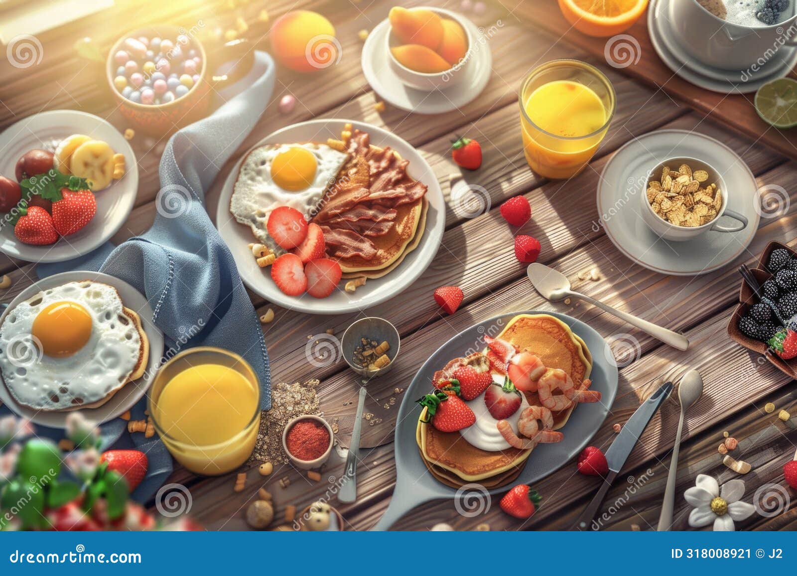 Breakfast Spread on Wooden Table Featuring Pancakes, Eggs, Bacon, and ...