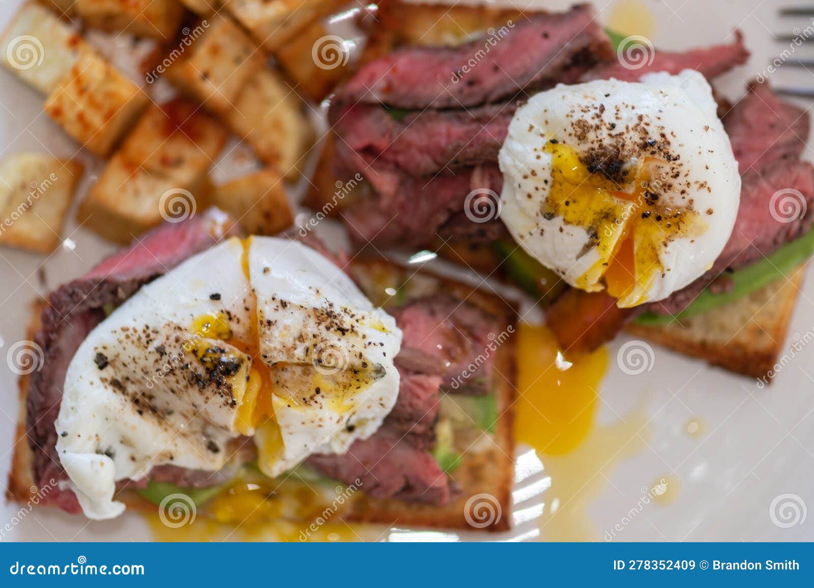 Breakfast Steak Benedict stock image. Image of browned - 278352409