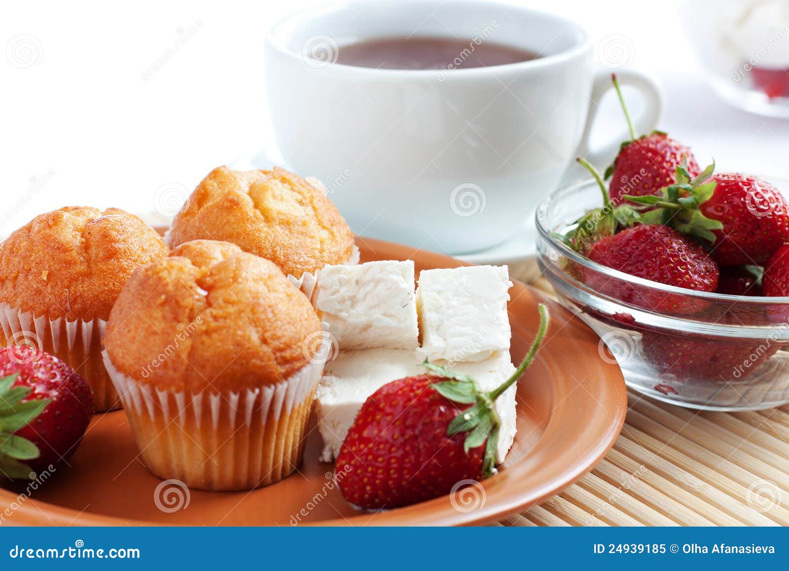 Breakfast: Strawberry, Cream Cheese, Muffins, Tea Stock Image - Image ...