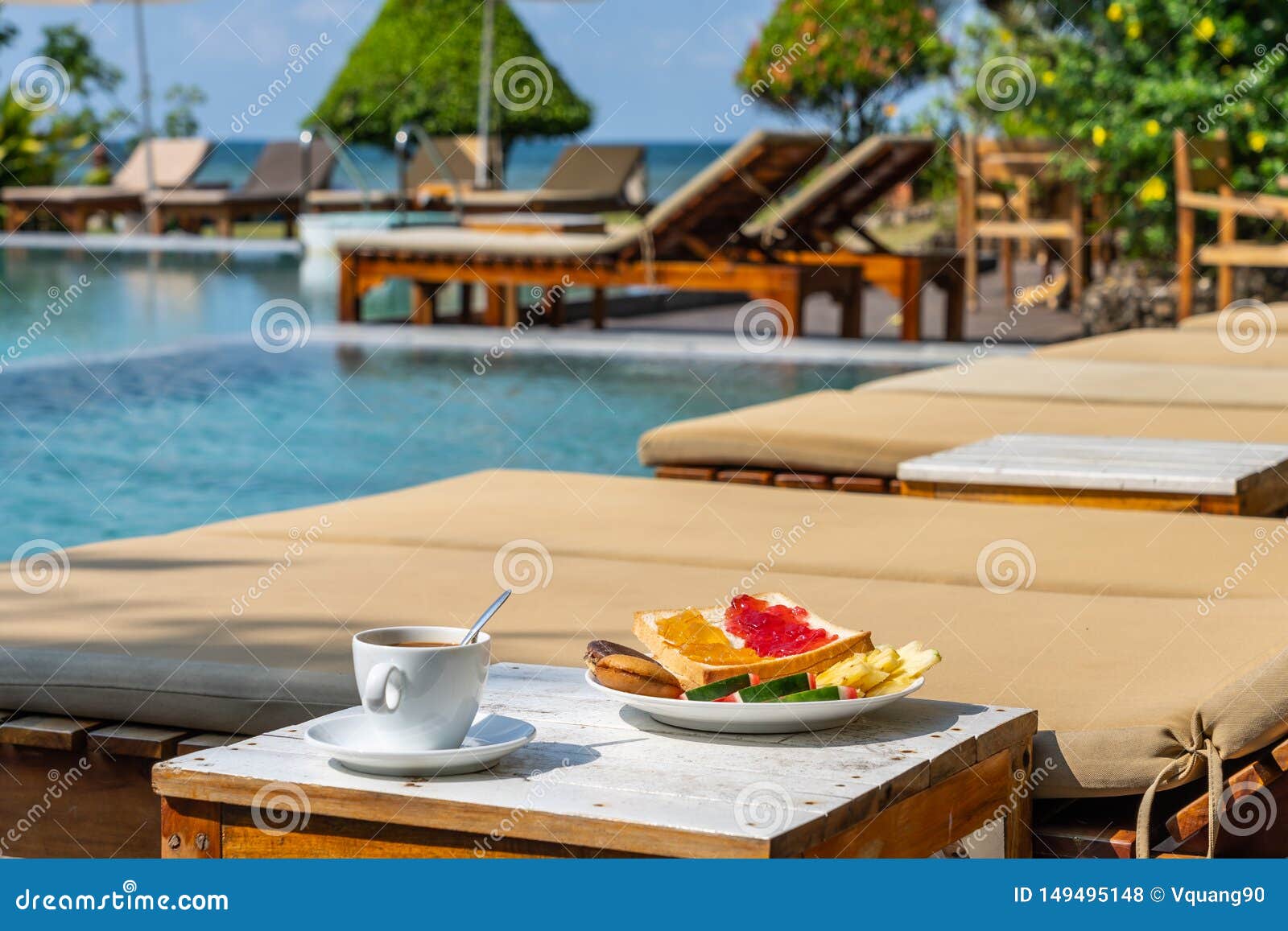 Breakfast at the Swimming Pool on Summer Vacation Stock Photo - Image ...