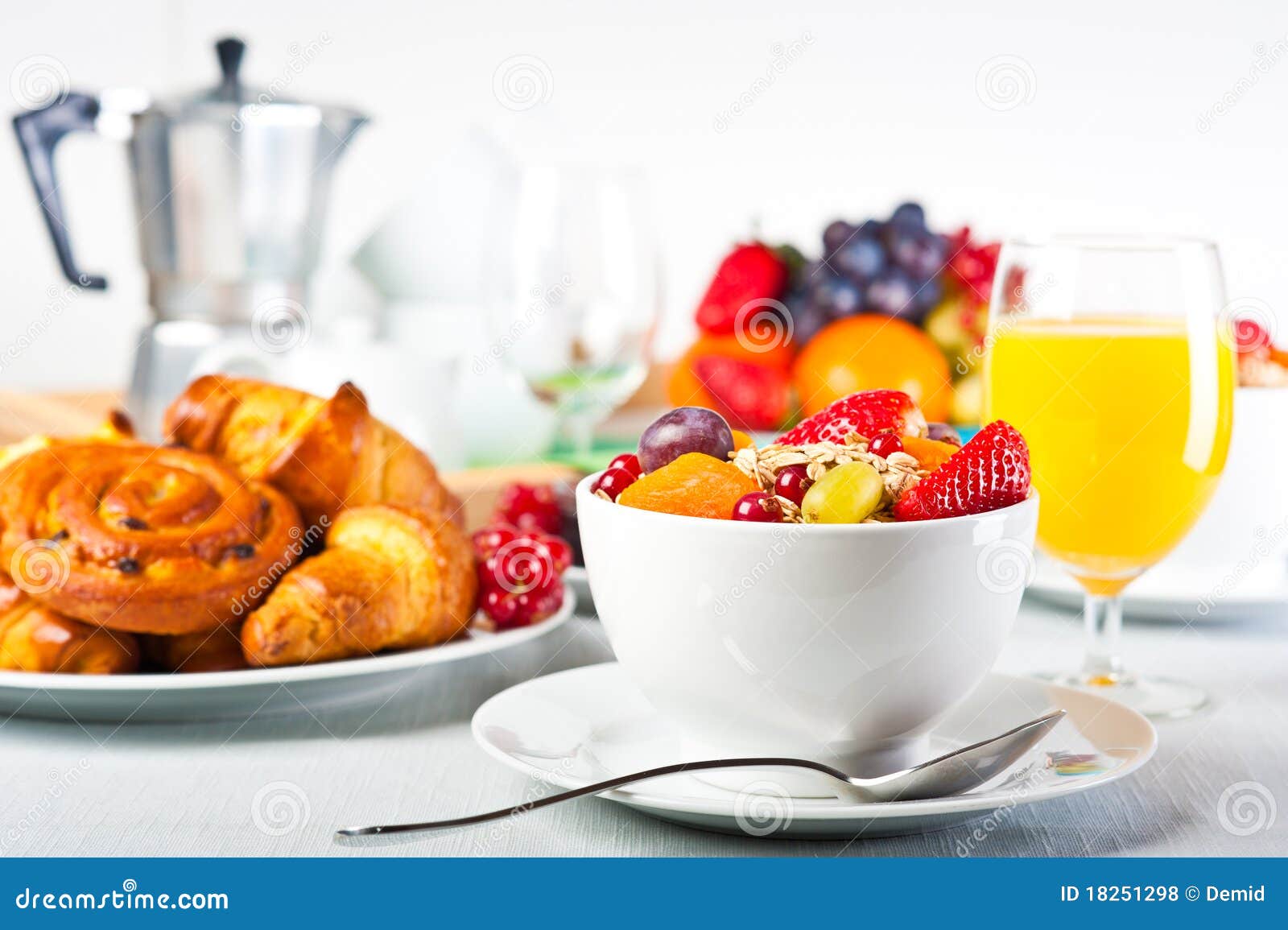 Breakfast table stock photo. Image of silverware, baked - 18251298