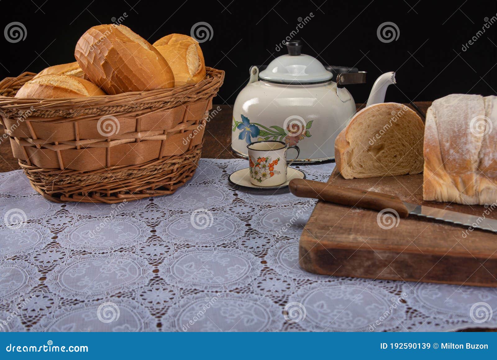 Breakfast Table with Breads and Accessories on Rustic Wood, Selective ...