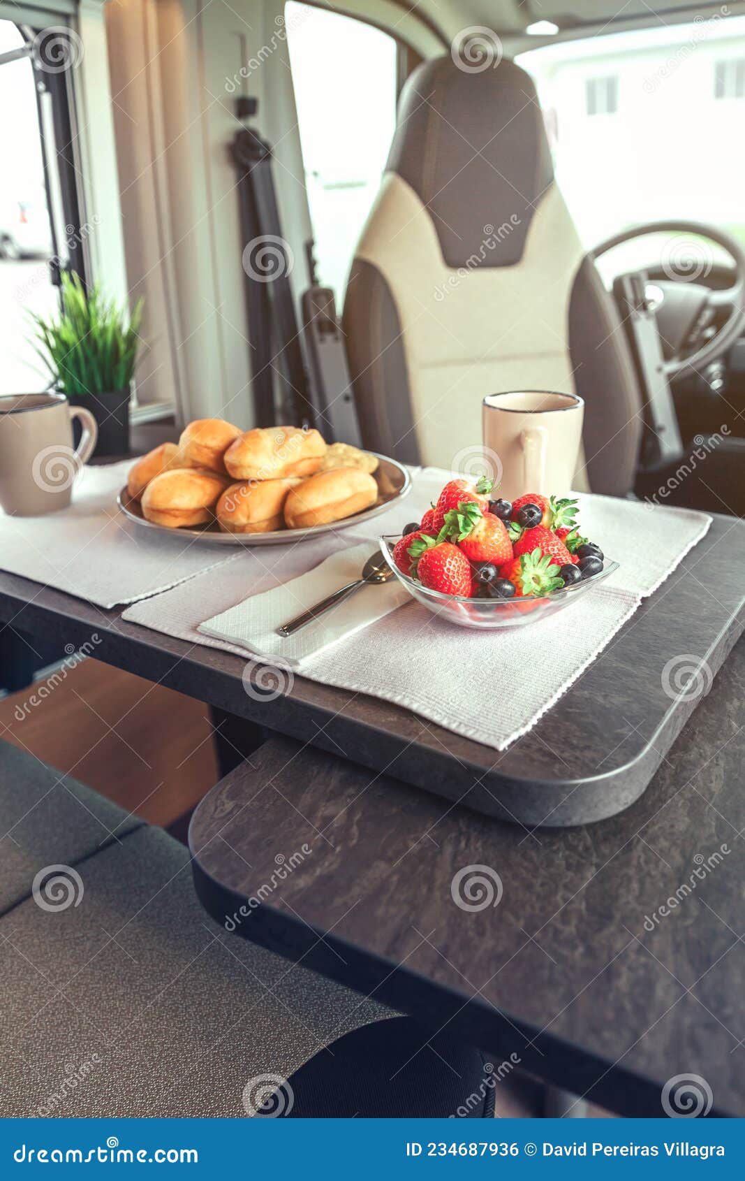 Breakfast on the Table in a Camper Van Stock Photo - Image of blueberry ...