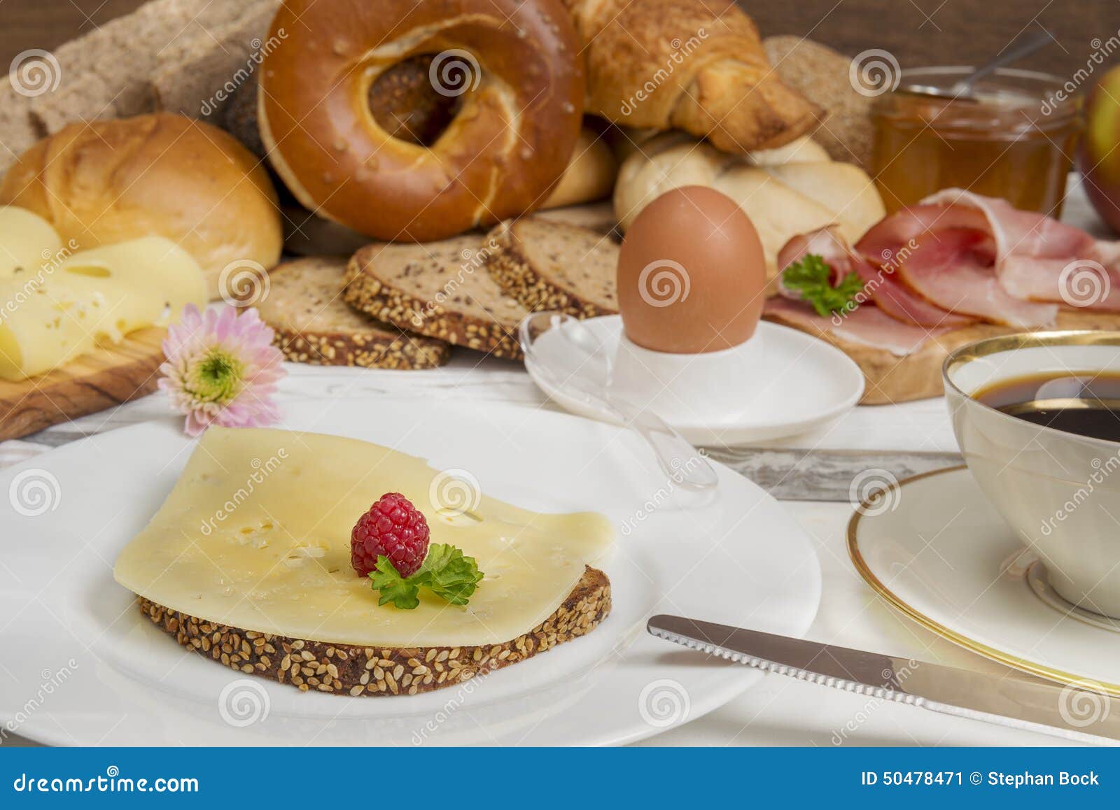 Breakfast Table with Cheese Bread, Coffee, Egg, Ham and Jam Stock Image ...
