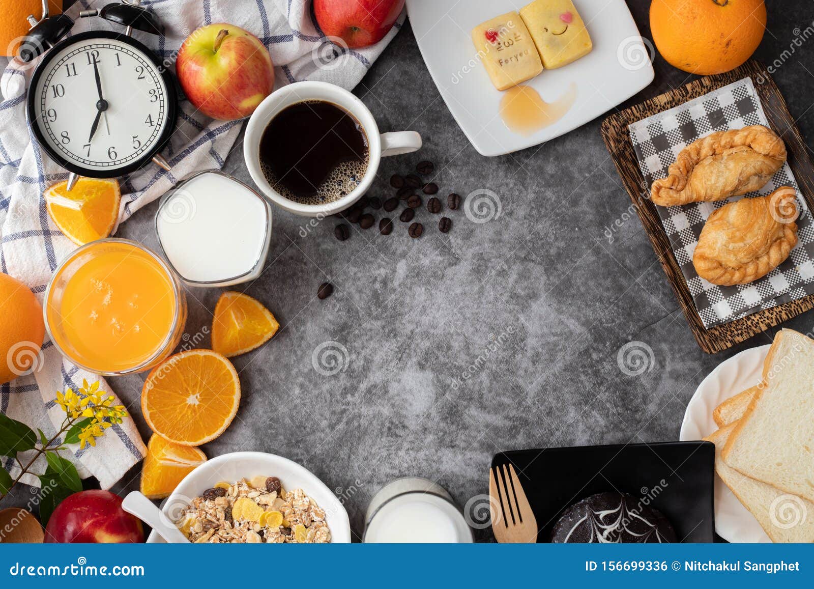 Breakfast Table with Clock in Morning Time and Food, Copy Space Stock ...