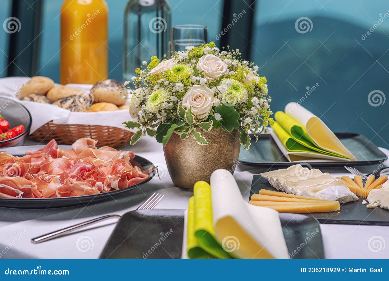 Breakfast on the Table in the Restaurant, Hotel Breakfast with Flowers ...