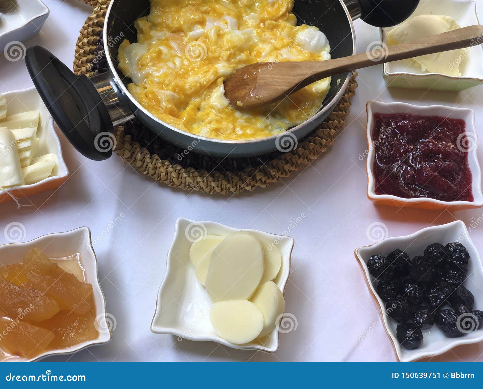Breakfast Table with Scrambled Egg, Olives, Cheese and Jams Stock Image ...