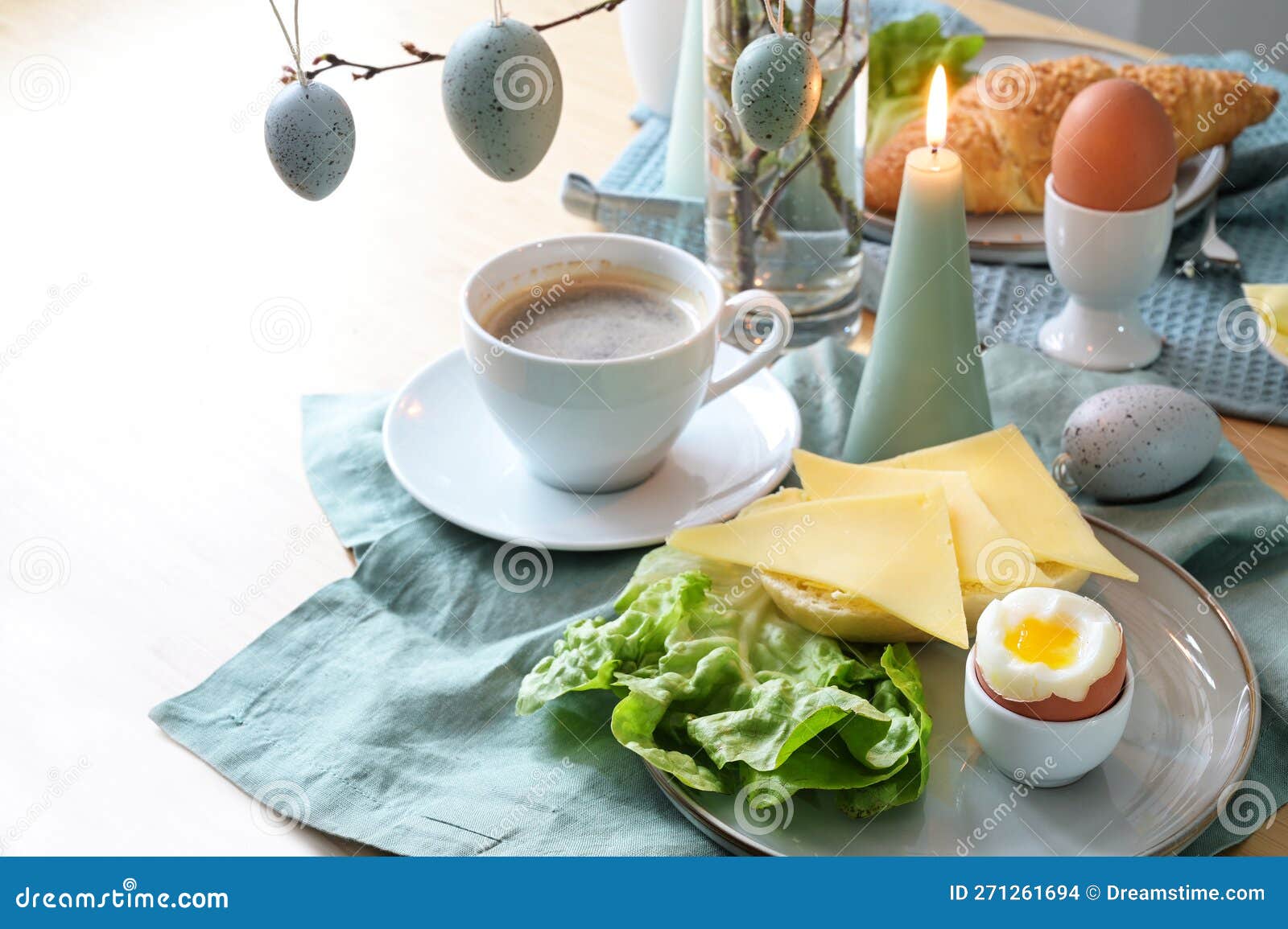 Breakfast Table Setting with Bread Roll, Cheese, Boiled Egg and Coffee ...