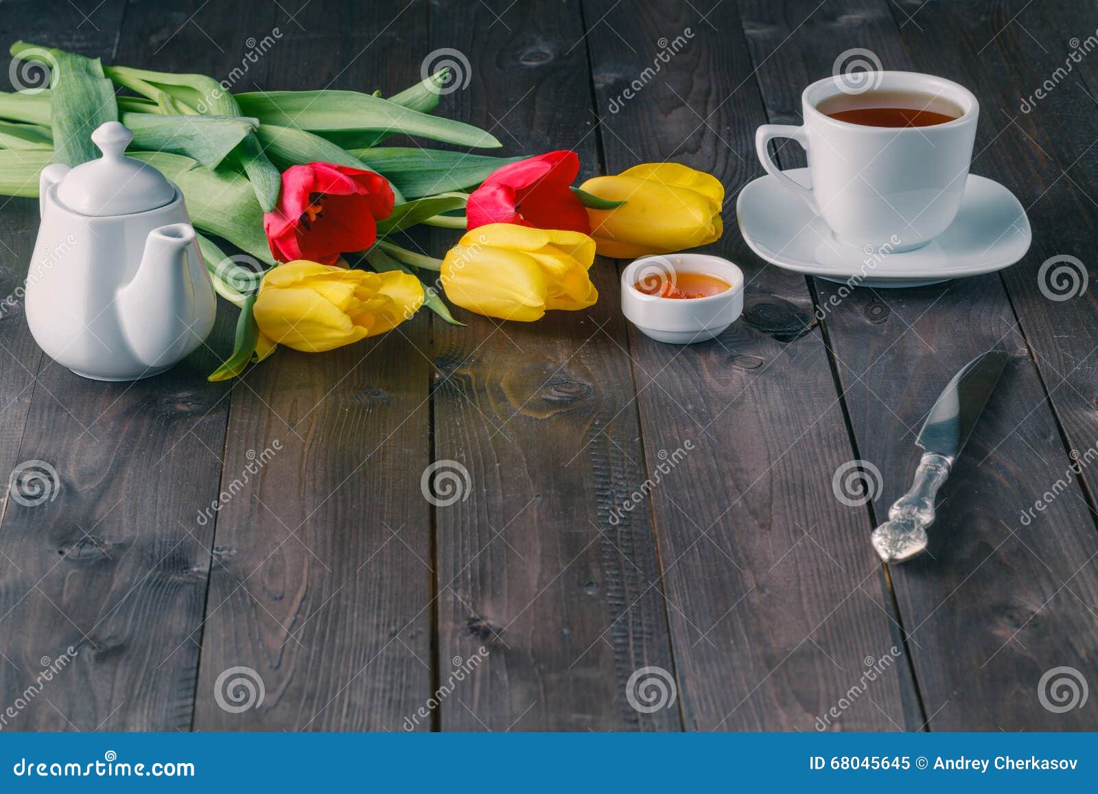 Breakfast Table Setting with Tulip Flowers Stock Image - Image of ...