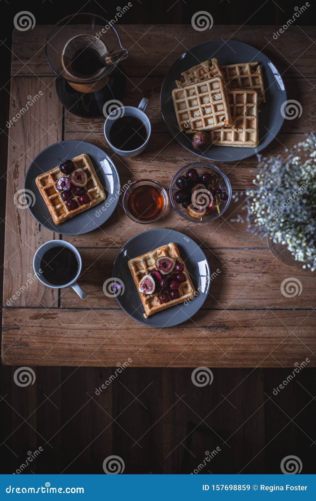 Breakfast Table Setting on the Wooden Coffee Table. Waffles, Coffee ...
