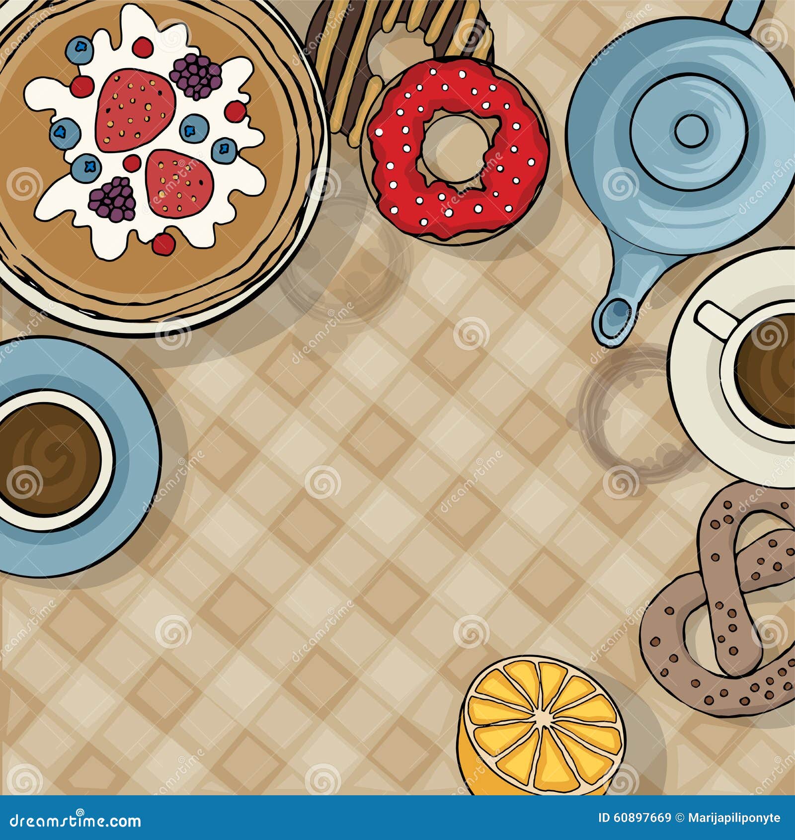 Breakfast Table Top View Frame In Color. Morning Food And Hot Drinks ...