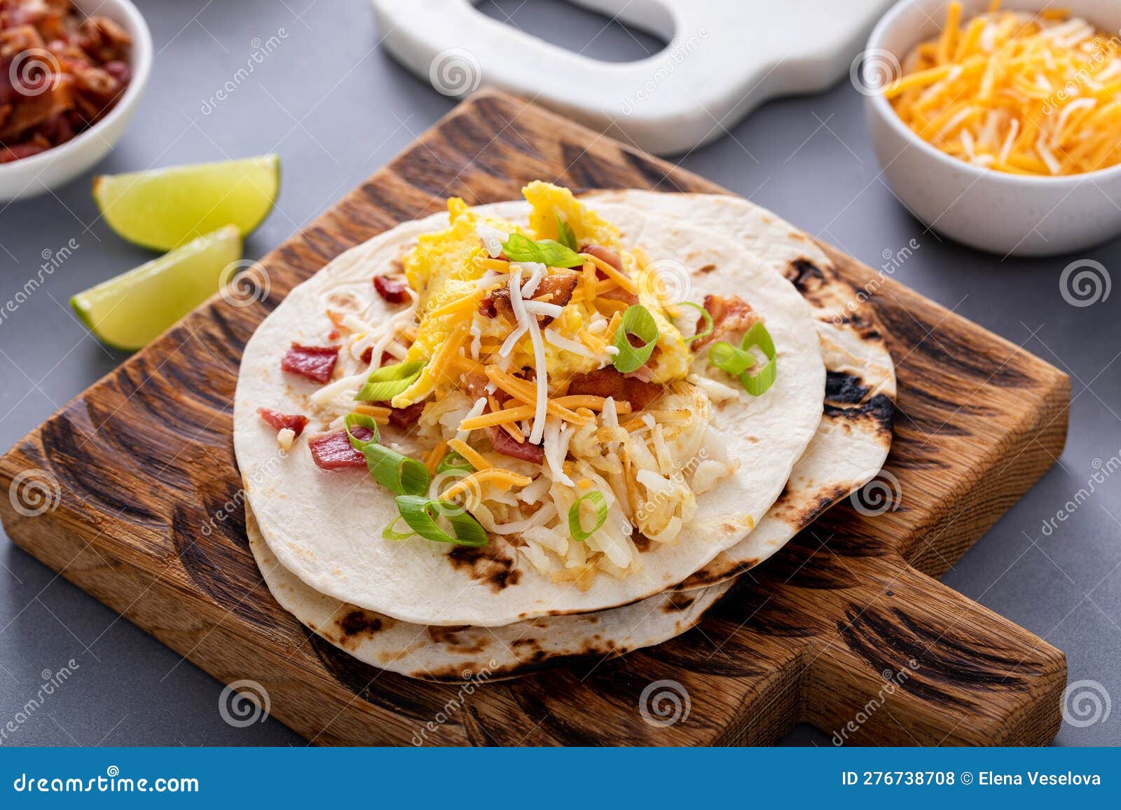 Breakfast Tacos with Hash Browns, Eggs and Bacon Stock Photo - Image of ...