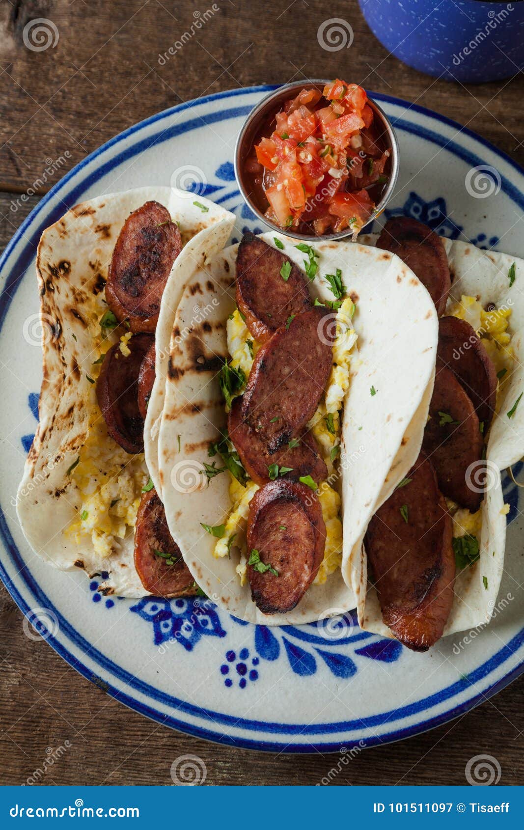 Breakfast Tacos with Kielbasa Sausage Tacos, Eggs and Cilanro Stock ...
