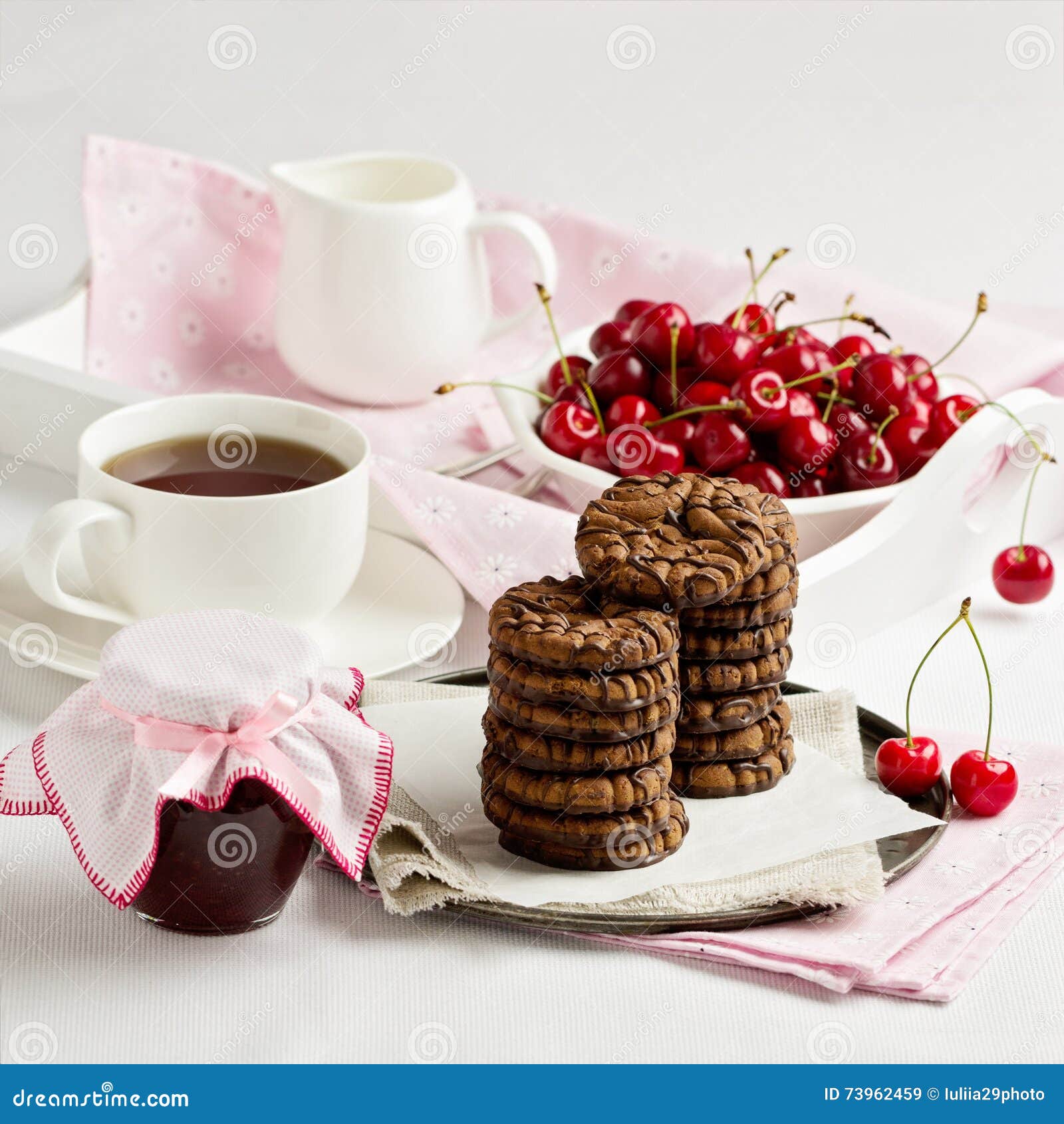 Breakfast. Tea with Chocolate Chip Cookies on a White Tray Stock Image ...