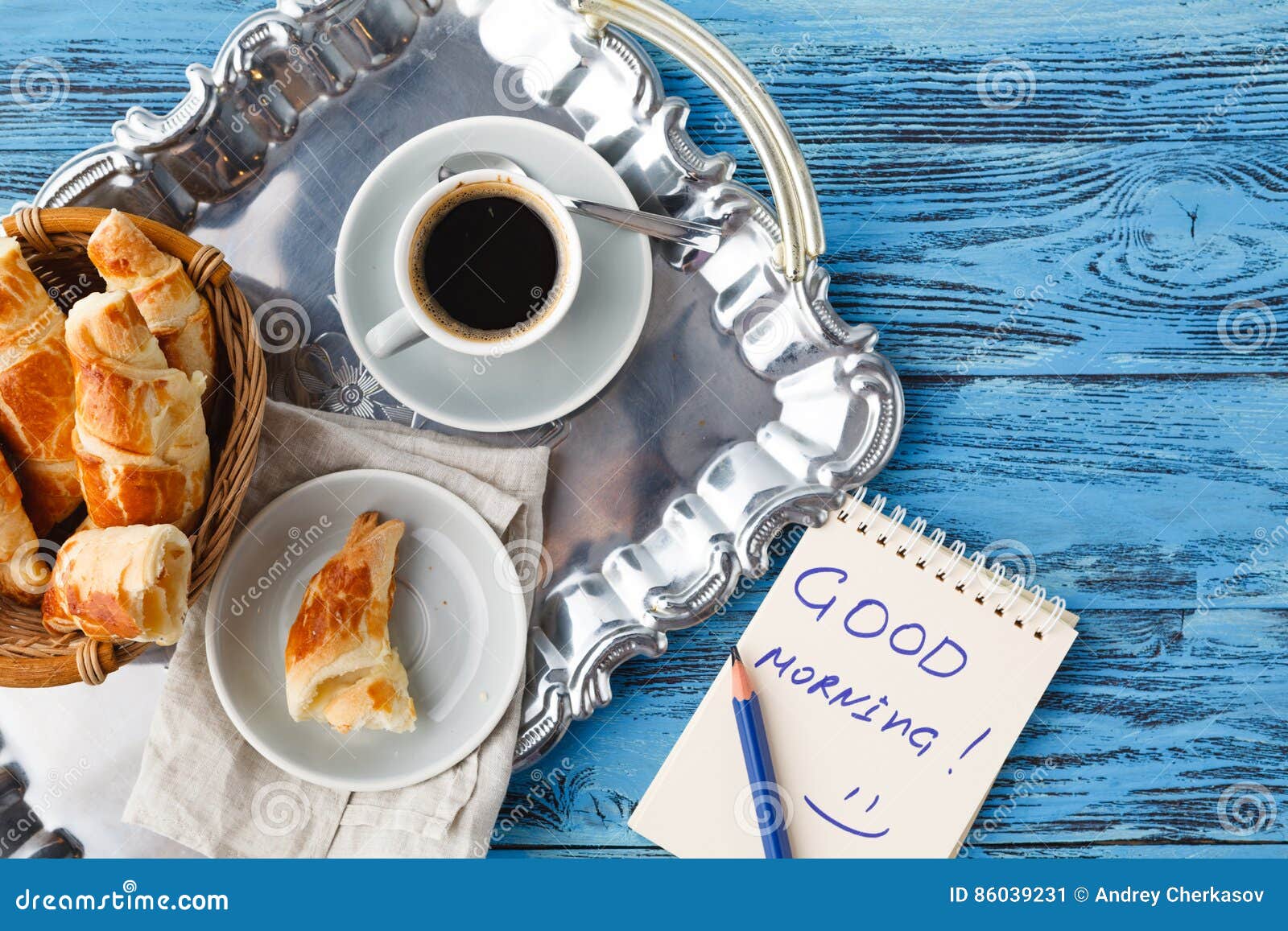 Breakfast with Tea and Croissant, Notes Good Morning on Table Stock ...