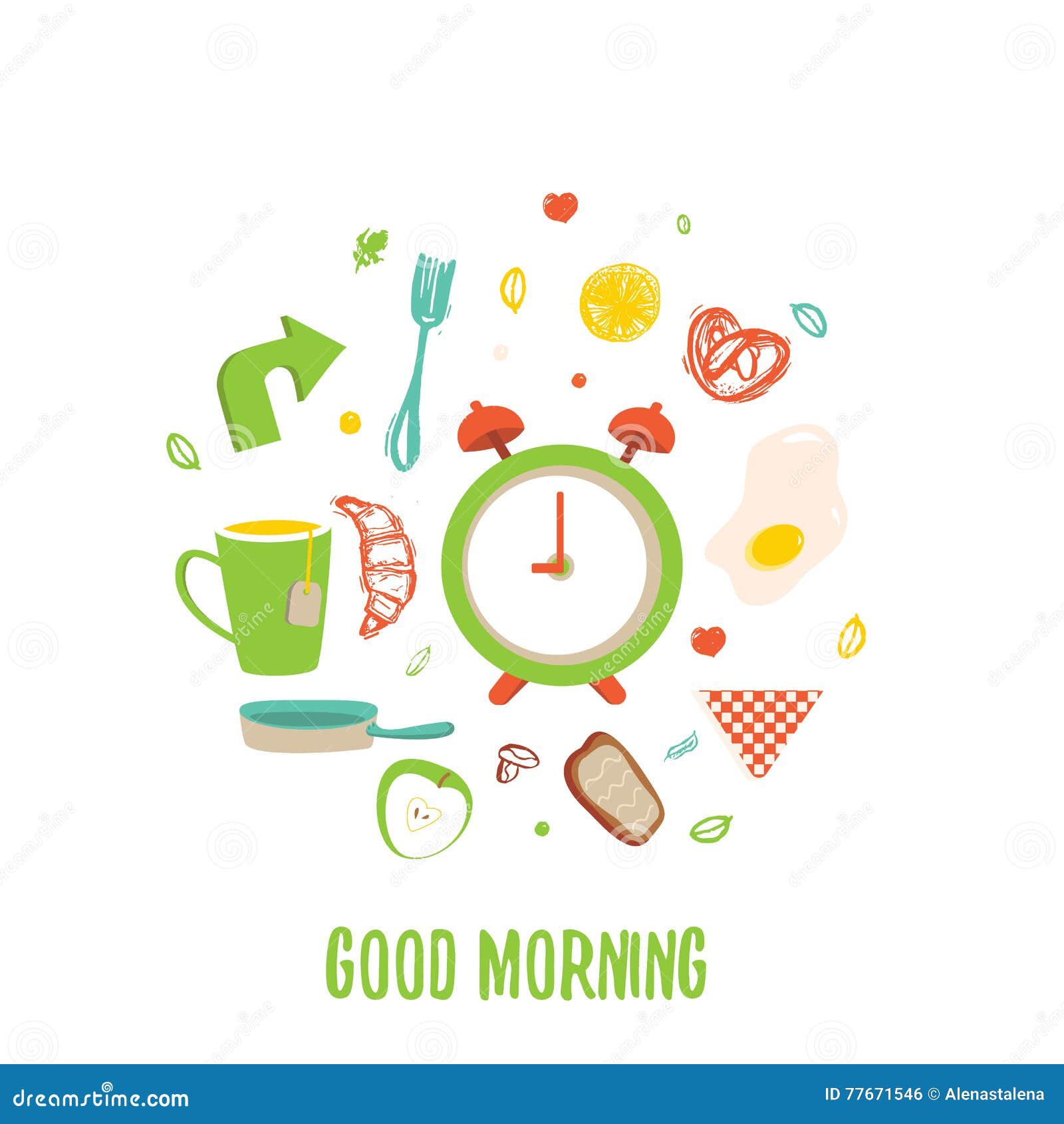 Breakfast Time Circle Banner with Fried Egg and Alarm Clock, Tea Cup ...