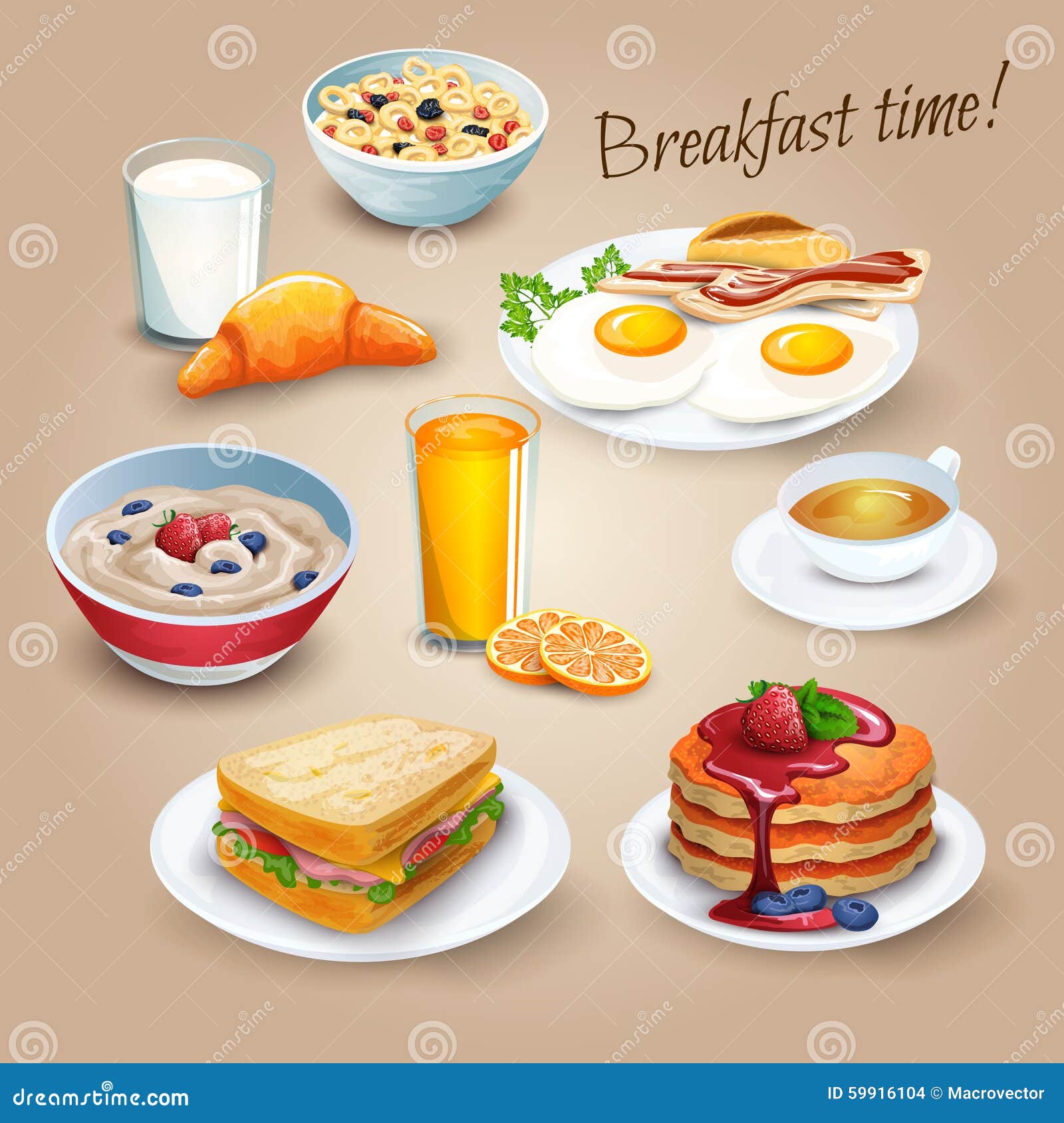 Breakfast Time Realistic Pictograms Poster Vector Illustration ...