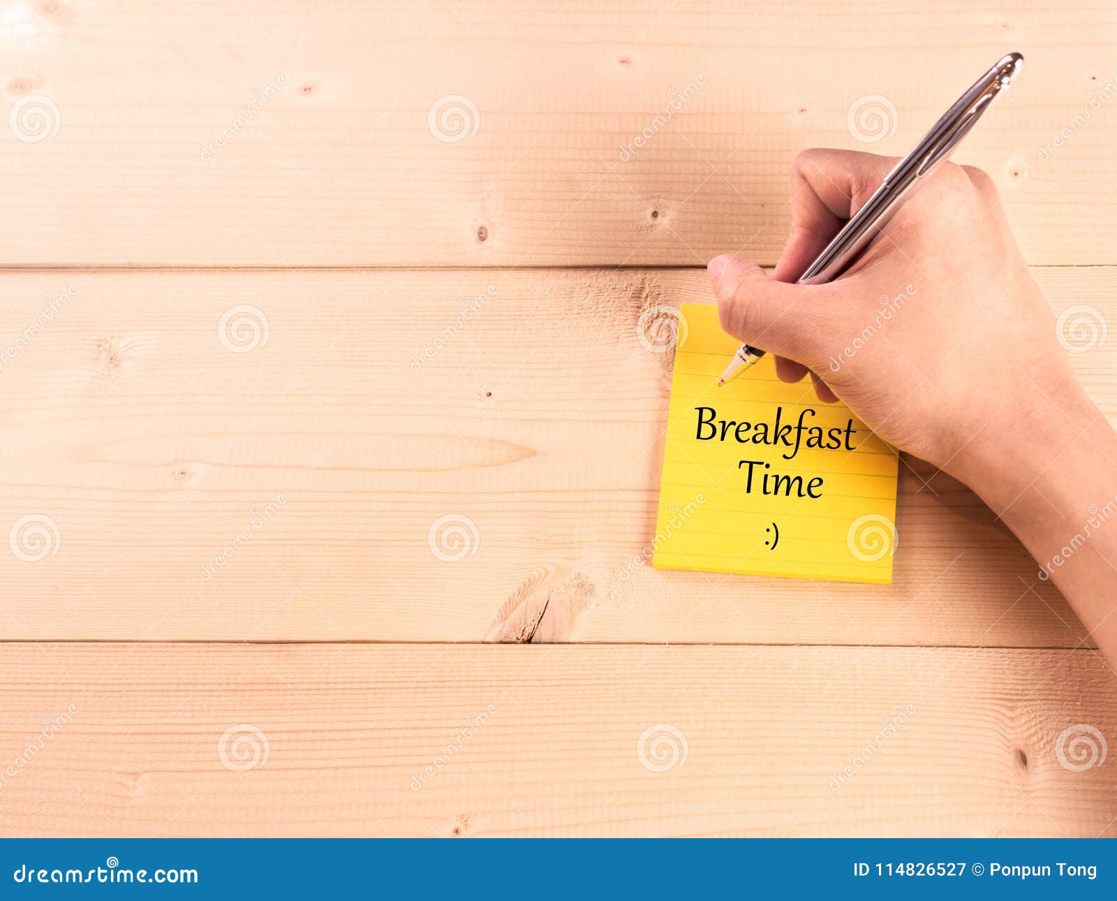 Breakfast Time on Sticky Note with Hand Writing on Wood Table Stock ...