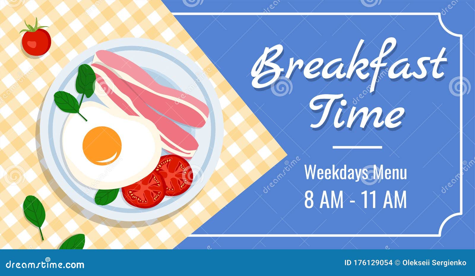 Breakfast Time Vector Banner Template with Delicious Fried Egg, Bacon ...