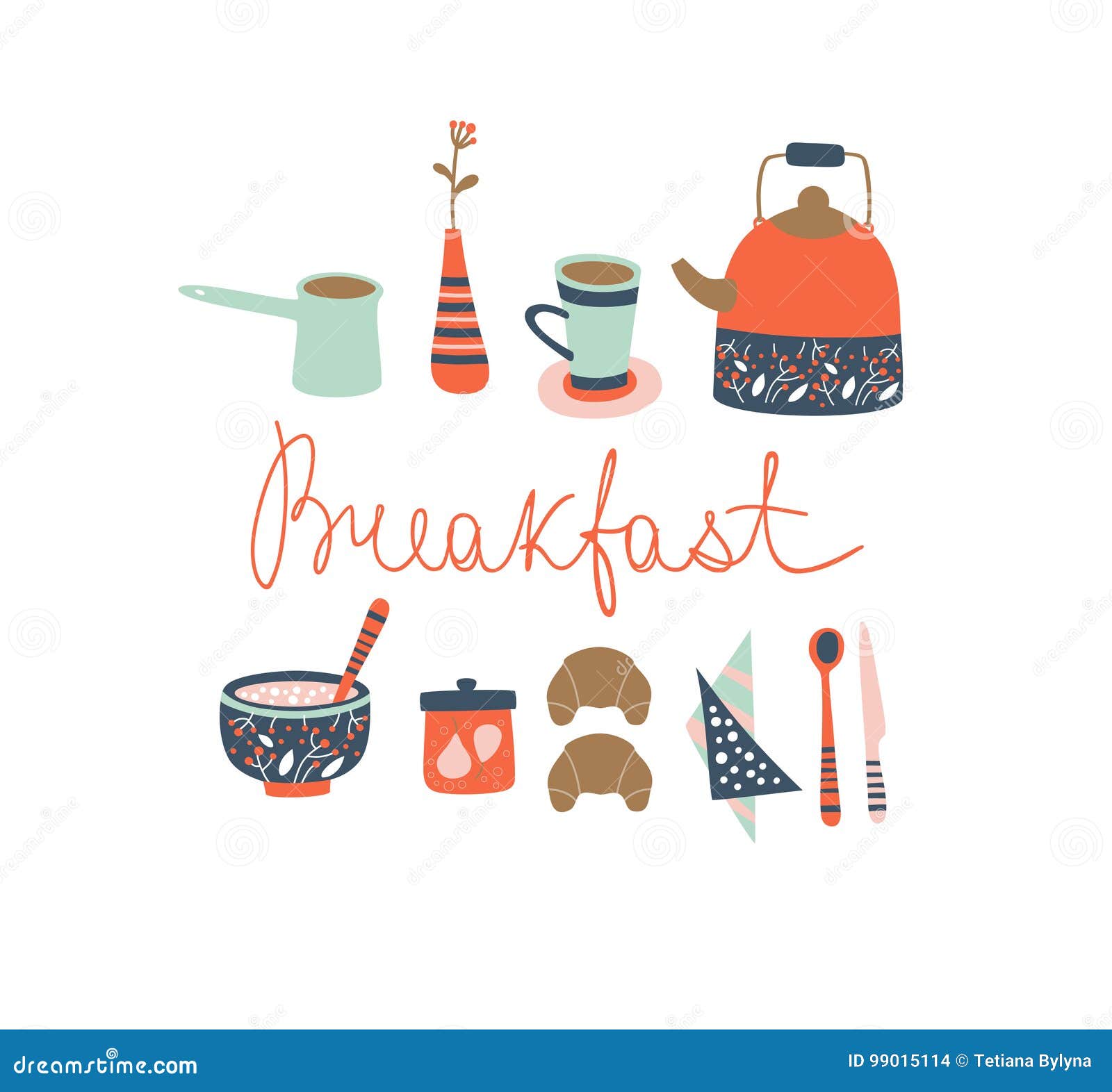 Breakfast Time. Vector Set. Stock Vector - Illustration of food, kettle ...
