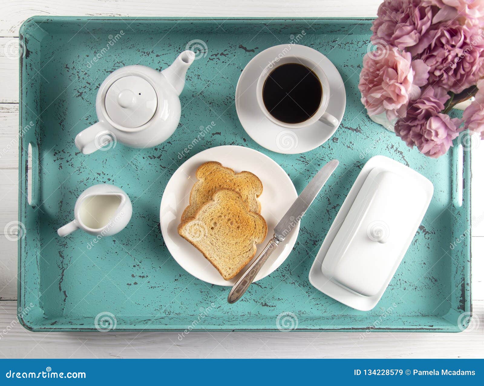 Breakfast of Toast and Hot Coffee on a Tray Stock Image - Image of flat ...