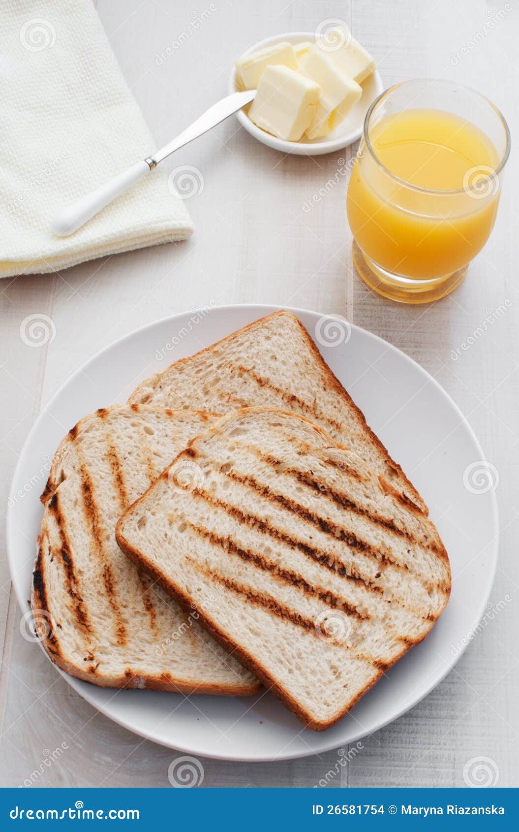 Breakfast Toast, Juice and Butter Top View Stock Photo - Image of ...