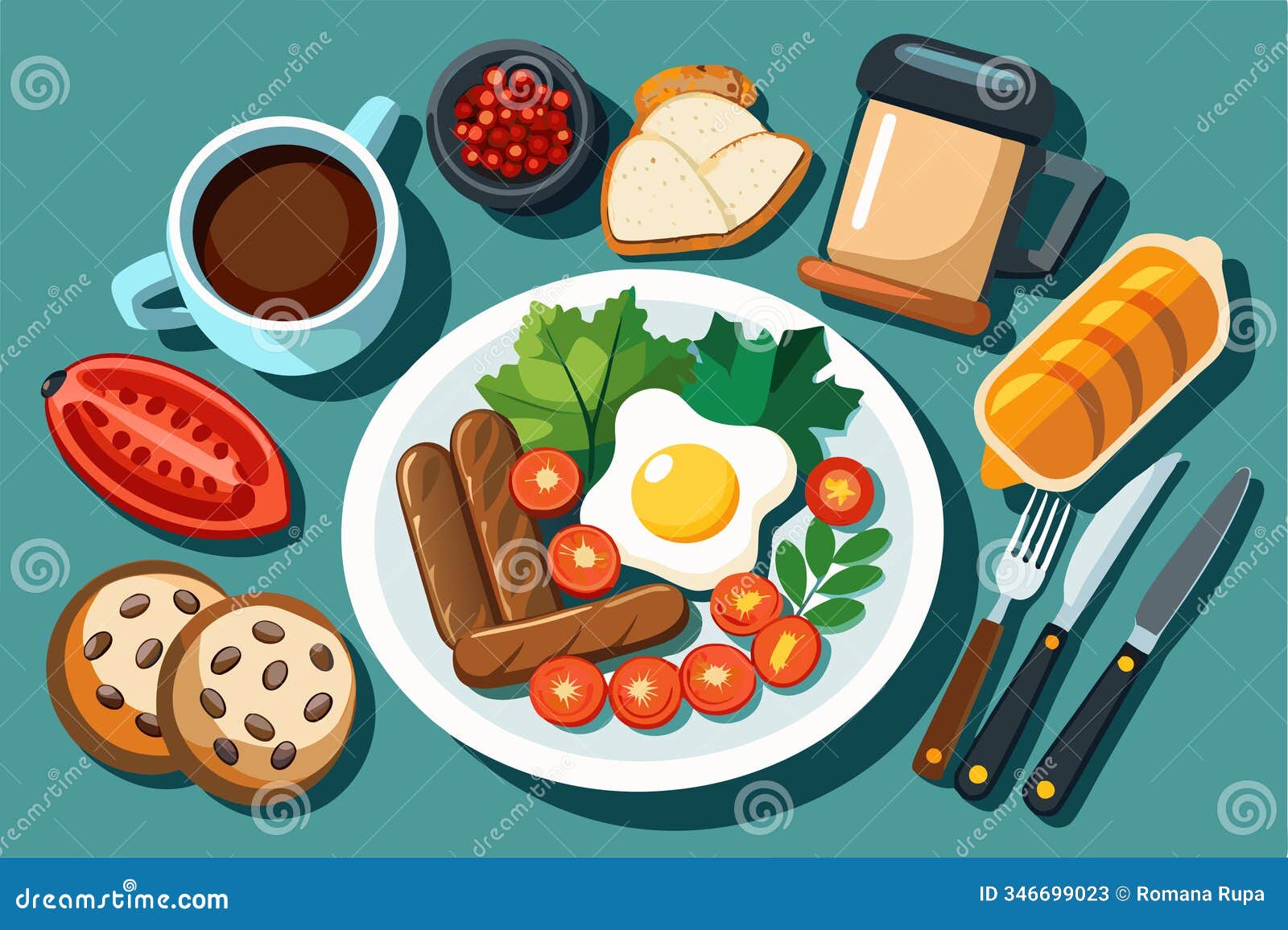 Breakfast Top View Vector Illustration in Flat Style with Scrambled ...