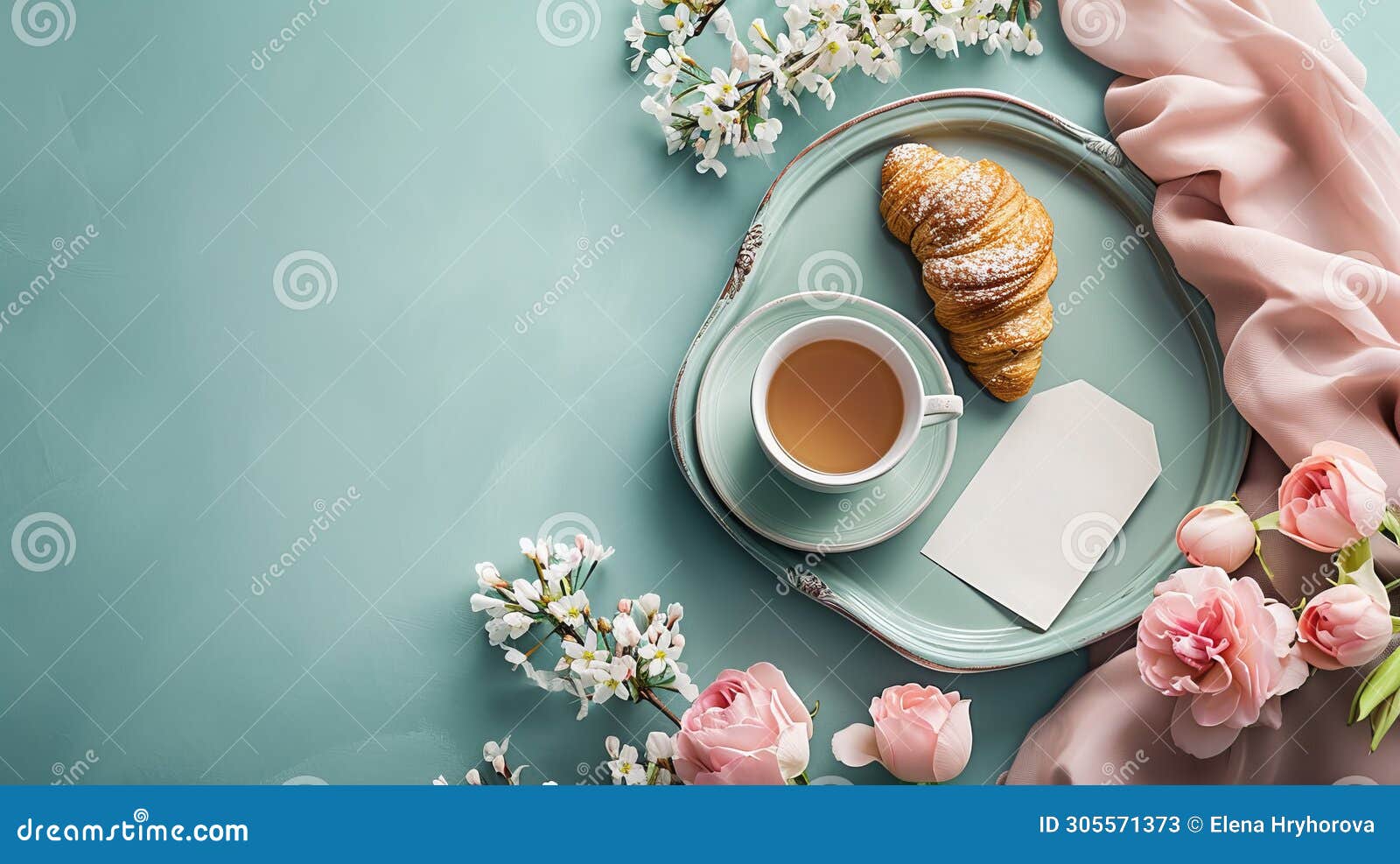 Breakfast Tray with Tea, Croissant, Flowers, and a Blank Note Stock ...