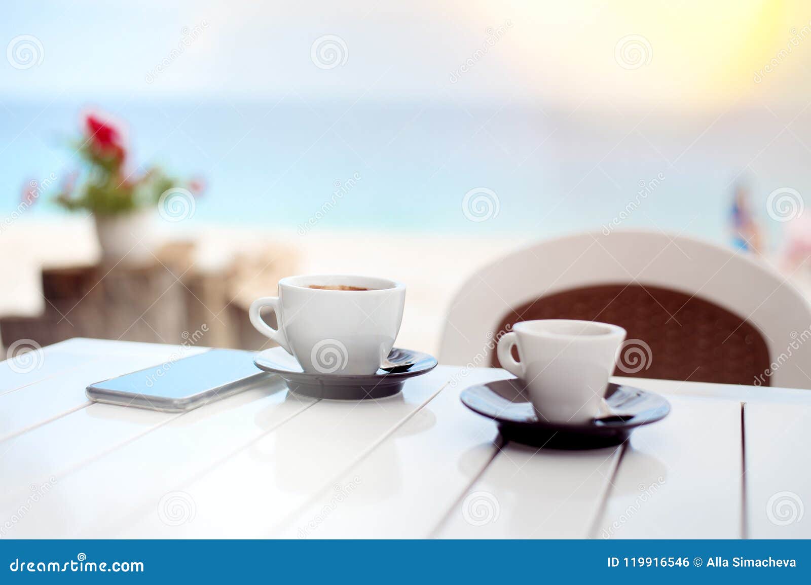 Breakfast for Two in a Cafe on the Beach with Two Cups of Coffee Stock ...